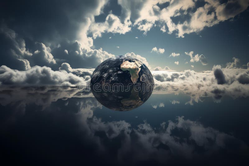 Surreal Earth Reflection on Water with Cloudy Sky Stock Image - Image ...