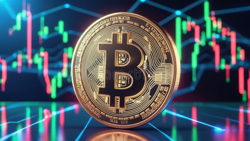 Bitcoin Logo Centered on a Glowing Holographic Trading Chart Stock ...