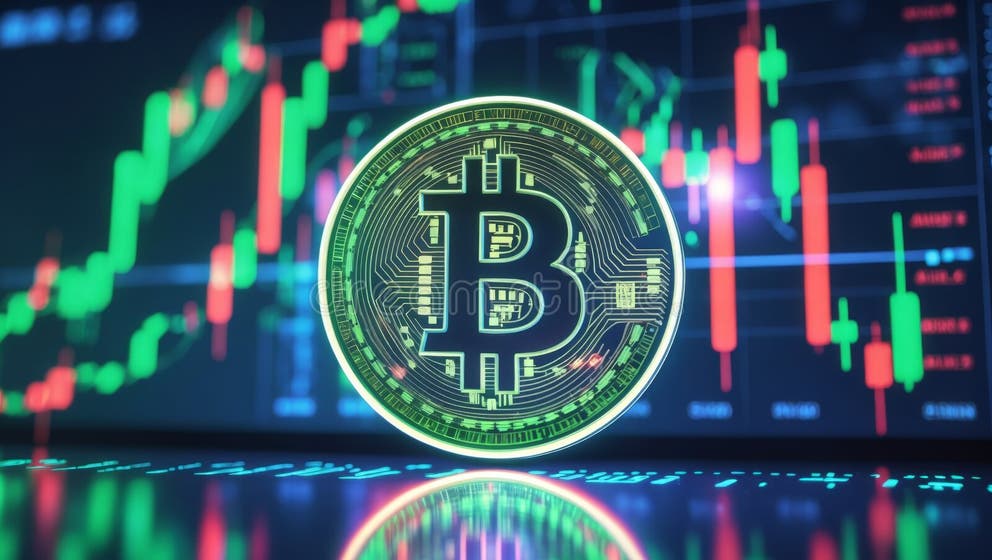 Bitcoin Logo Centered on a Glowing Holographic Trading Chart Stock ...