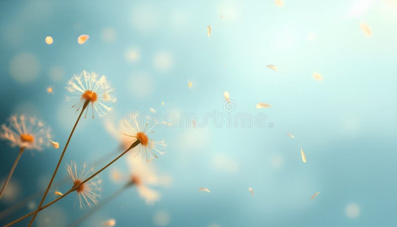 Digital Composition Featuring Golden Dandelion Seeds Floating in a ...