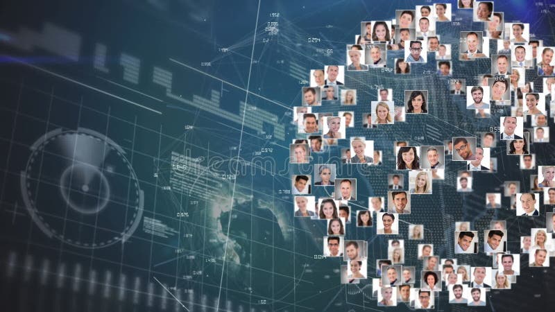 Digital Composition of Globe of Multiple Profile Icons Spinning Against Digital Interface with ...