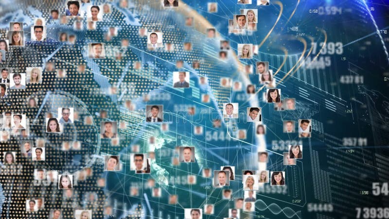 Digital Composition of Globe of Multiple Profile Icons Spinning Against Digital Interface with ...