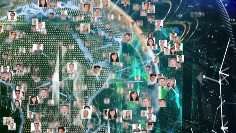 Digital Composition of Globe of Multiple Profile Icons Spinning Against Plexus Networks and Data ...