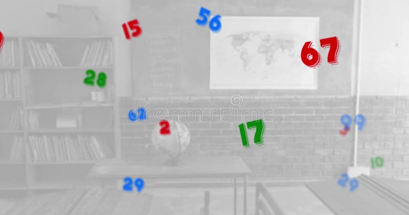 Digital Composition of Multiple Colorful Numbers Floating Against Empty Classroom in Background ...