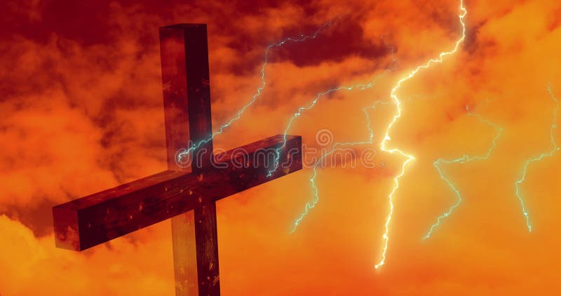 Digital Composition of Thunder Effect Over Cross Against Clouds in the ...