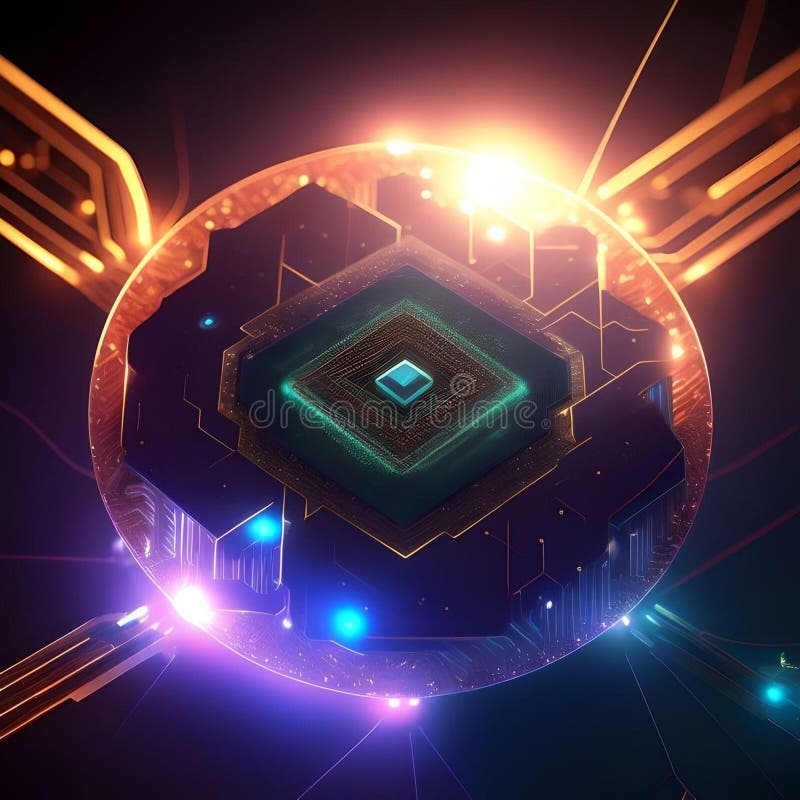 Digital Computer Processor Illuminated by Bright Glowing Lines that ...