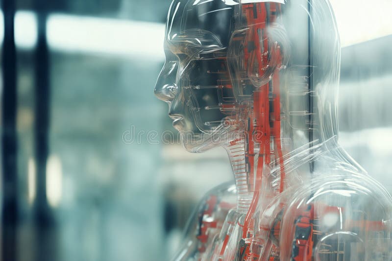 Digital Computer Robot Android Behind Glass in the Interior of Glass ...