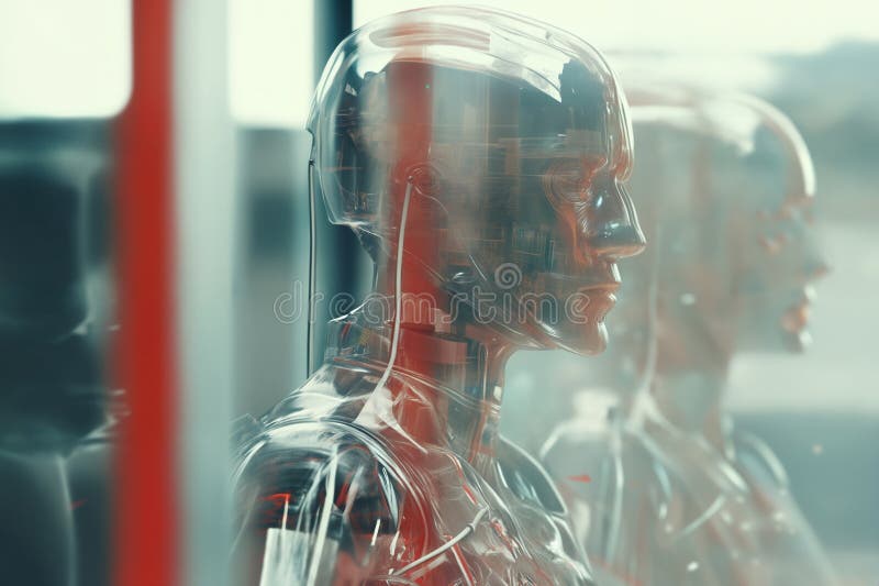 Digital Computer Robot Android Behind Glass in the Interior of Glass ...