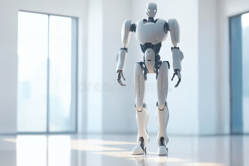 Digital Computer Robot Android in a White Living Room Interior of Home ...