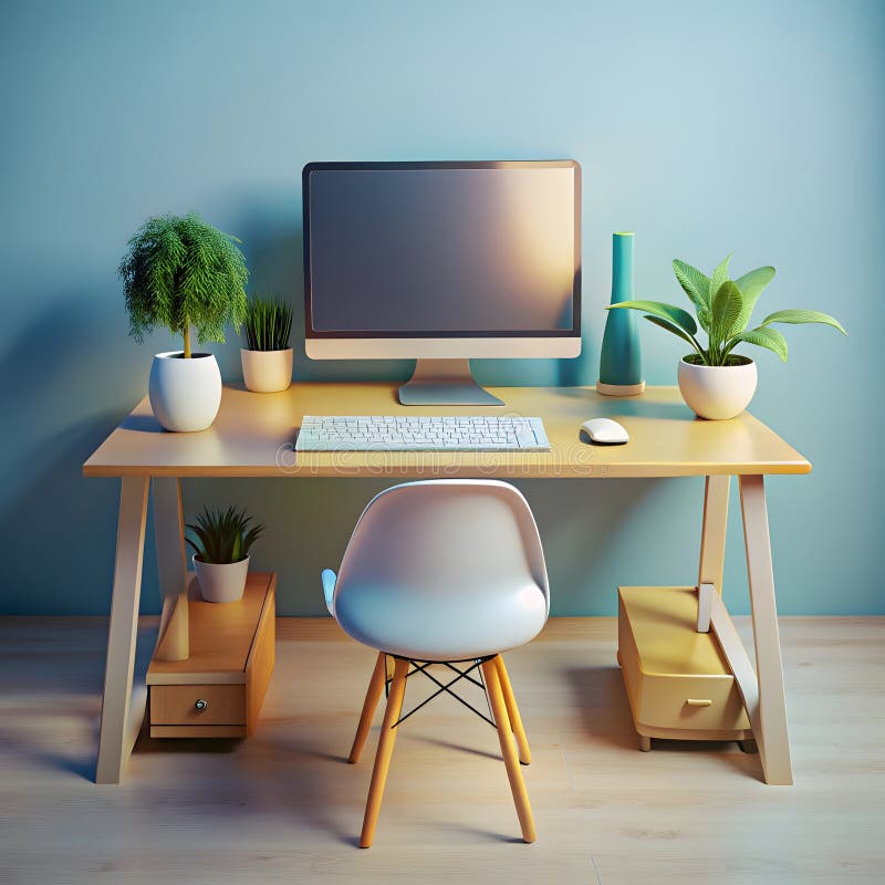 Digital Computer Setup Table with Keyboard, Mouse and Tree Plant Stock ...
