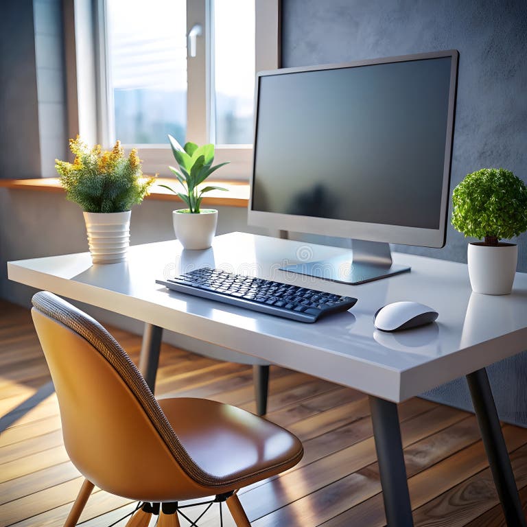 Digital Computer Setup Table with Keyboard, Mouse and Tree Plant Stock Illustration ...