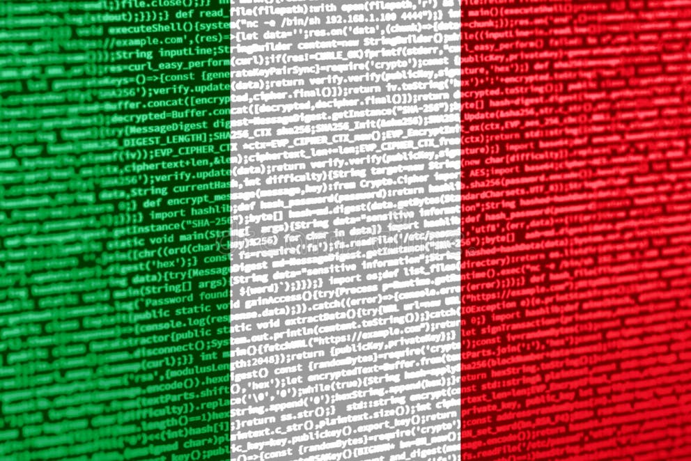 Flag of Italy Over Digital Code. Concept of Cybersecurity, Innovation ...