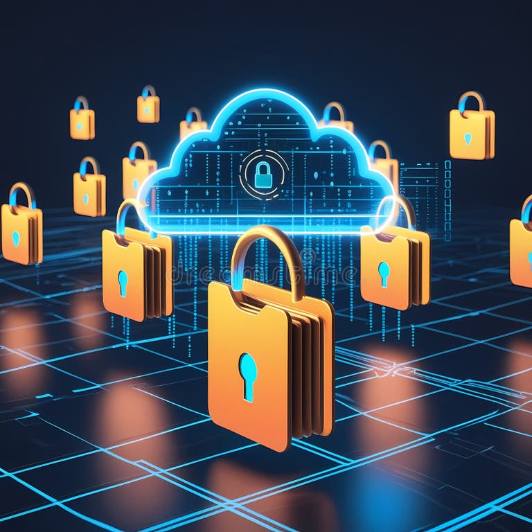 A Digital Concept Image Depicting Cloud Security. the Central Focus is a Glowing Blue Cloud with ...
