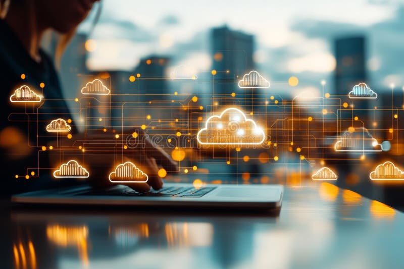 In this Digital Concept, a Laptop is Depicted Working with a Cloud Computing Diagram, Network ...