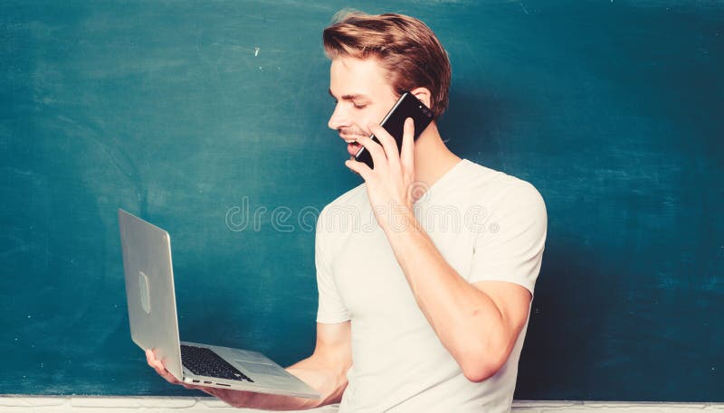 Digital Concept. Online Communications. School Teacher with Laptop ...