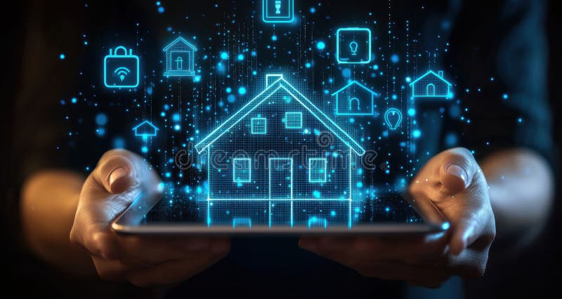 Digital Concept of Smart Home Technology with Hands Holding a Device ...