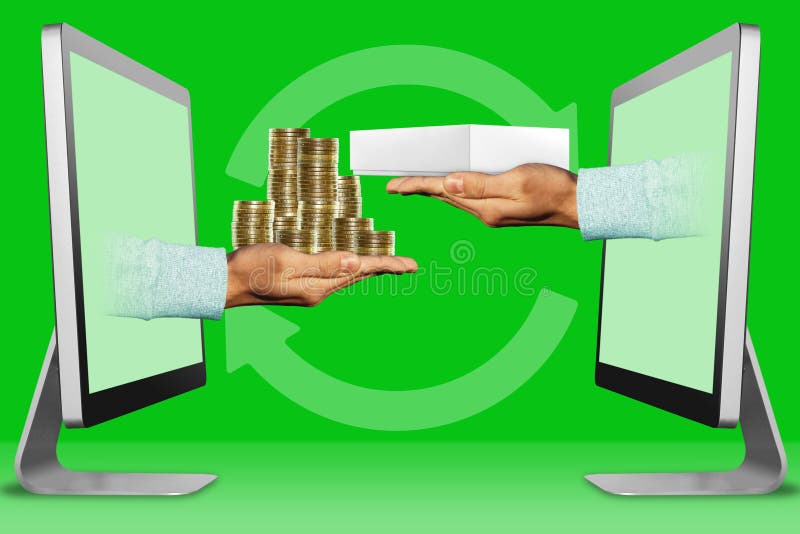 Digital Concept, Two Hands from Computers. Pile of Coins and Hand with ...