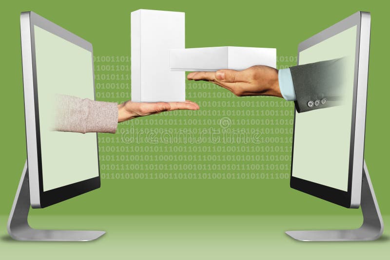 Digital Concept, Two Hands from Monitors. Hand with White Small Cell ...