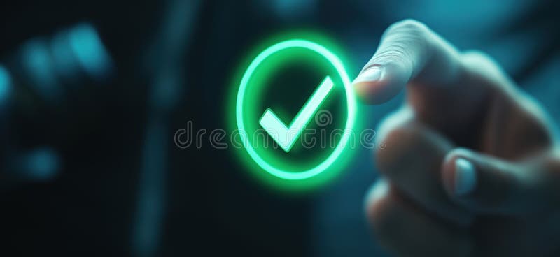 Digital Confirmation Symbol with Glowing Checkmark, Hand Pressing ...