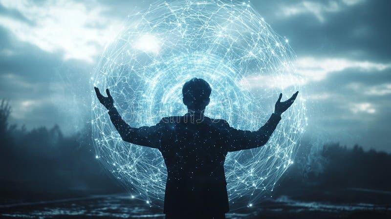 Digital Connection. Silhouette of a Person Interacting with a Digital ...