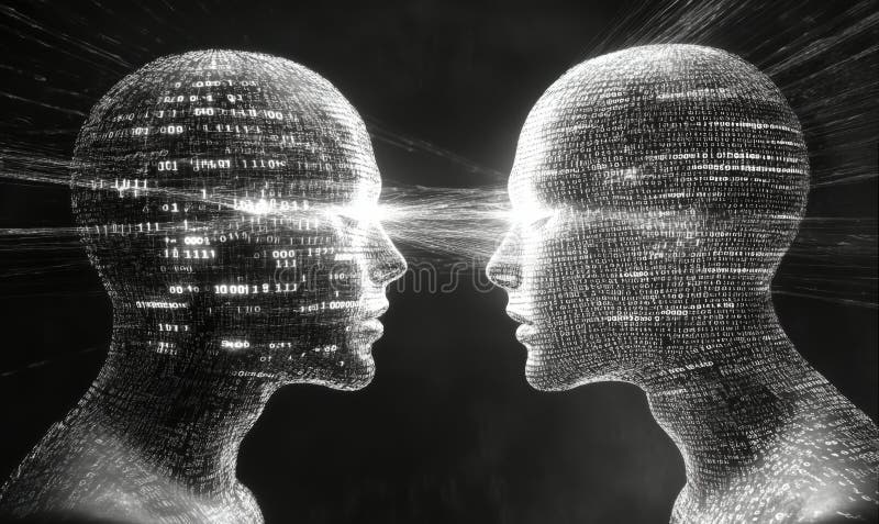 Digital Connection between Two Human Figures, Binary Code Emanating ...
