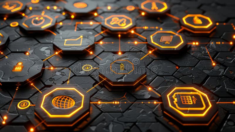 Digital Connections Displayed on a Hexagonal Grid with Glowing Icons ...