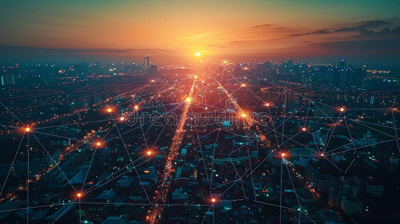 Digital Connectivity Concept in City Night Landscape from Above with ...