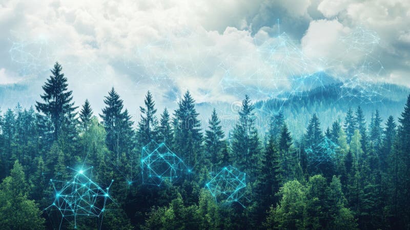 Digital Connectivity in Lush Forest Landscape with Abstract Elements ...