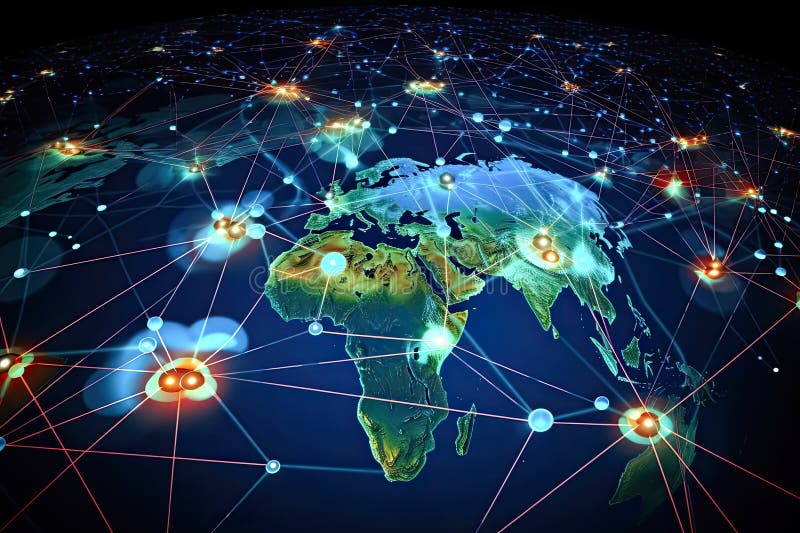Digital Connectivity, World Map Illustrated with Dots Connected through ...