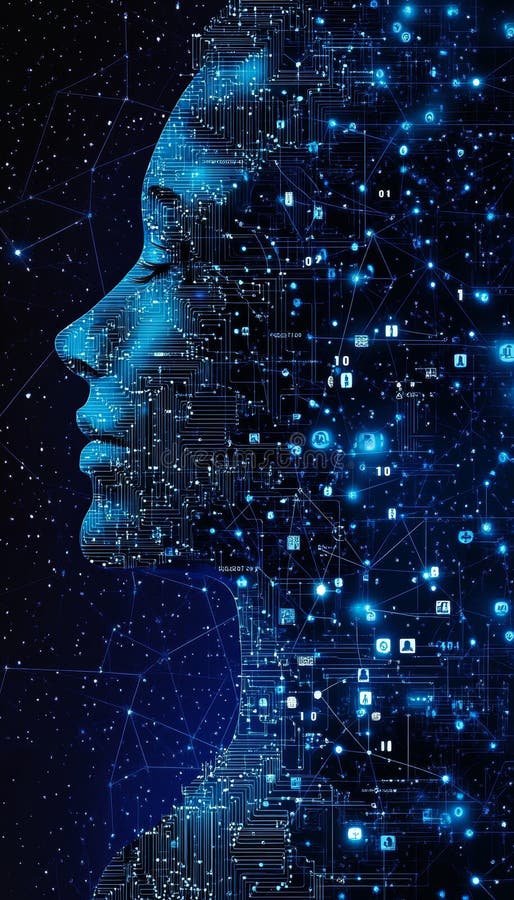 Digital Consciousness Abstract Human Face Formed by Circuits, Binary Code on Blue Background ...