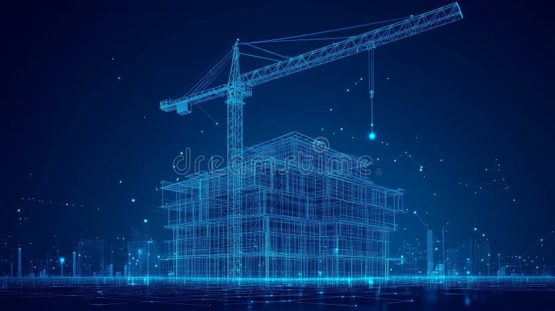 Digital Construction of Building with Crane Blueprint Stock ...