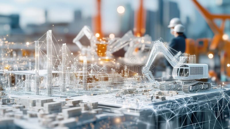 Digital Construction Model with Excavators and Workers at a Bustling ...