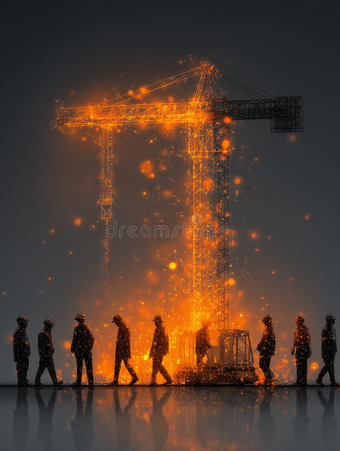 Digital Construction Scene with Glowing Crane and Builders in Helmets ...
