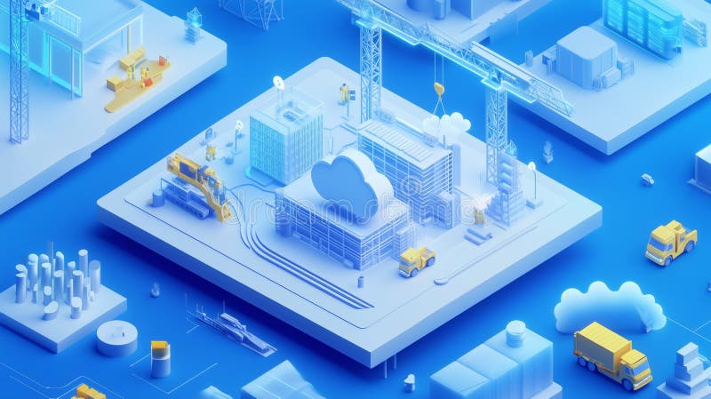 Digital Construction Site Representation Showcasing Heavy Machinery and ...