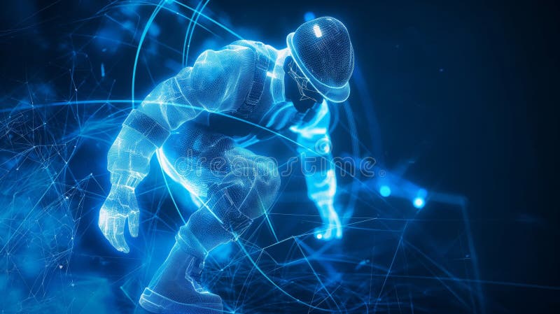 Digital Construction Worker in Blue Neon Stock Image - Image of cyber ...