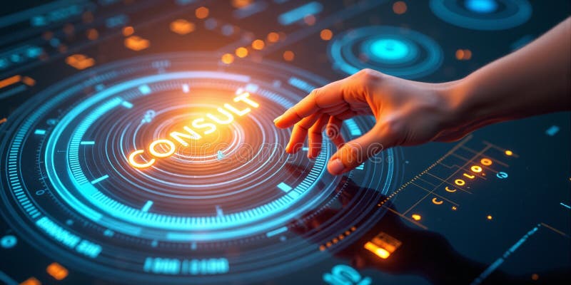 Hand Touching Glowing Consult Icon and Business Analytics Interface ...