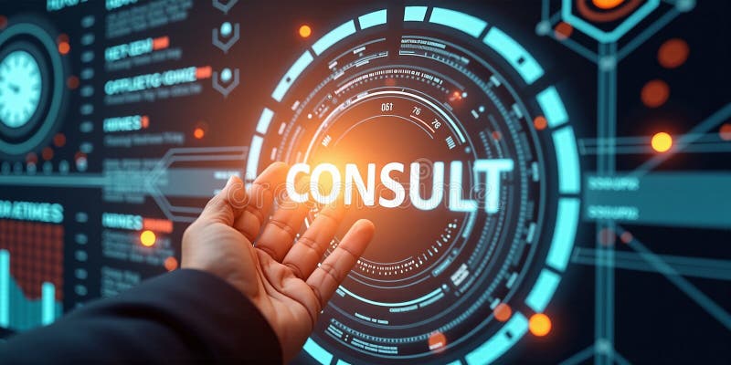 Hand Touching Glowing Consult Icon and Business Analytics Interface ...