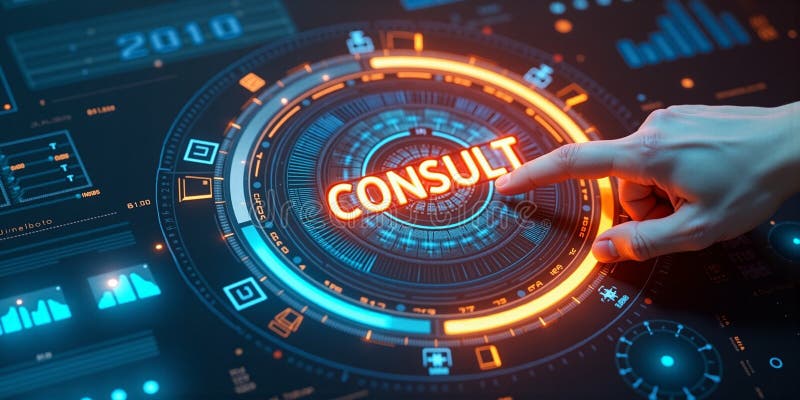 Hand Touching Glowing Consult Icon and Business Analytics Interface ...