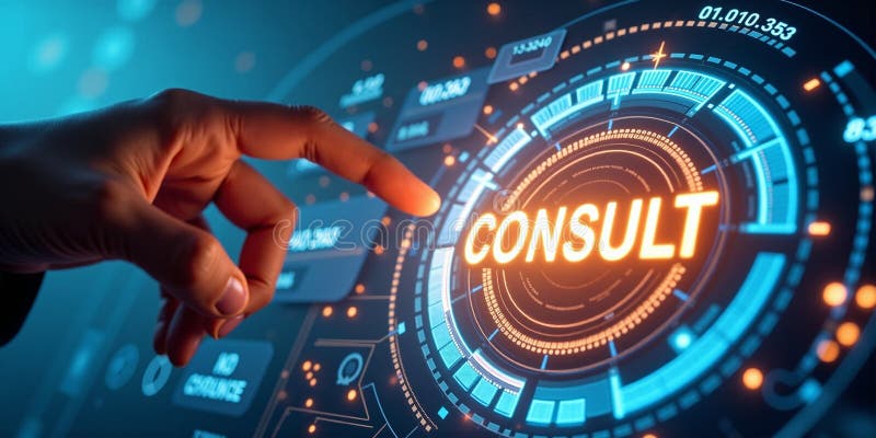 Hand Touching Glowing Consult Icon and Business Analytics Interface ...
