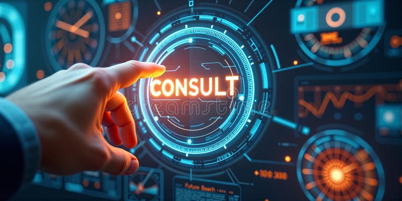 Hand Touching Glowing Consult Icon and Business Analytics Interface ...
