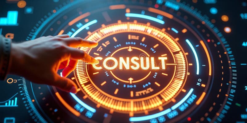 Hand Touching Glowing Consult Icon and Business Analytics Interface ...
