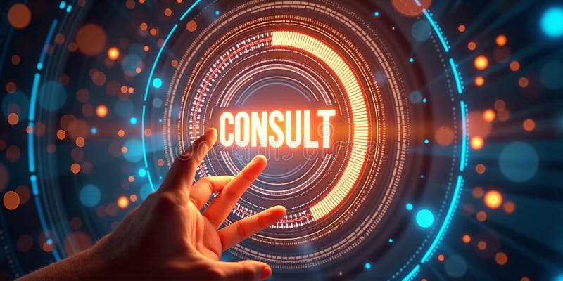 Hand Touching Glowing Consult Icon and Business Analytics Interface ...