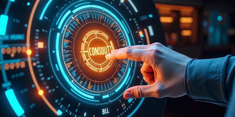 Hand Touching Glowing Consult Icon and Business Analytics Interface ...
