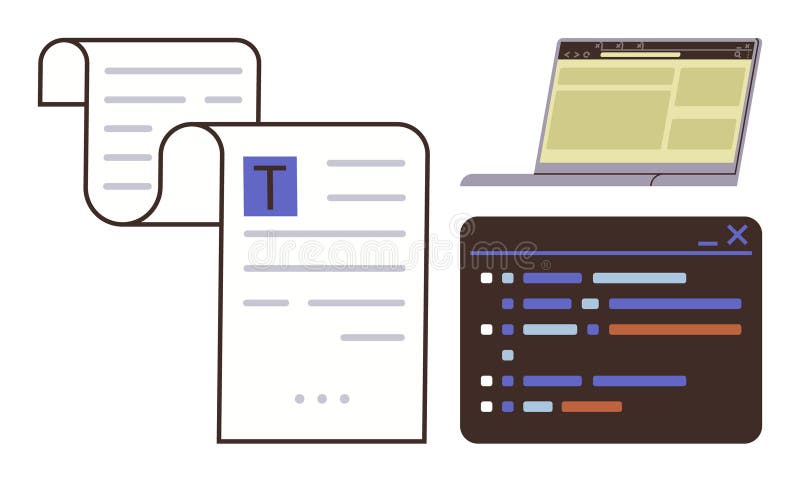 Digital Content Creation and Document Management with Laptop and Code Interface Stock Vector ...