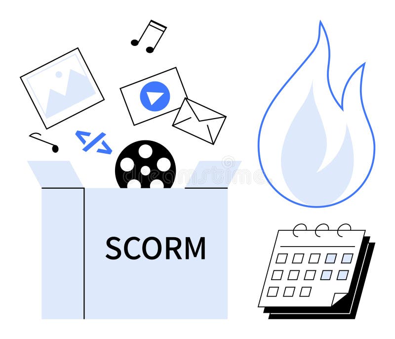 Digital Content in SCORM Package with Multimedia, Fire Icon, and Calendar Representation Stock ...