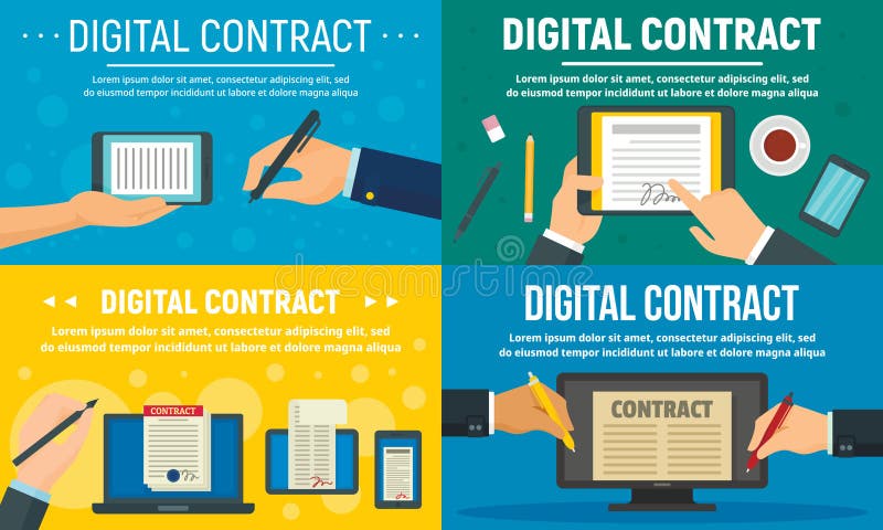 Digital Contract Concept Banner, Flat Style Stock Vector - Illustration ...