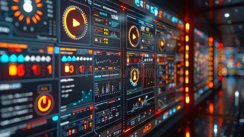 Digital Control Panels Show Real-time Analytics in a Tech Setting Stock ...