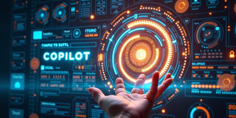 Hand Touching Glowing Copilot Icon and Business Analytics Interface ...