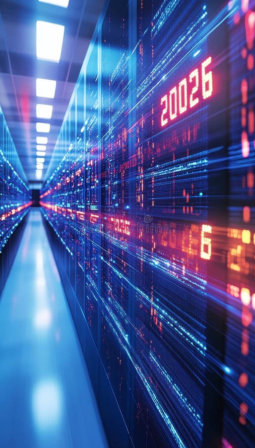 Digital Corridor Futuristic Server Room with Glowing 2026, Motion Blur ...