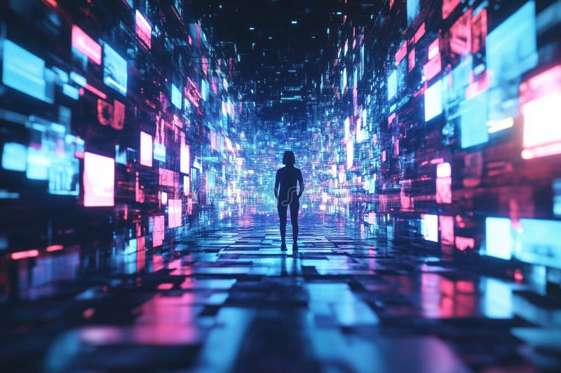 Digital Corridor with Silhouette, Vibrant Screens, Futuristic ...